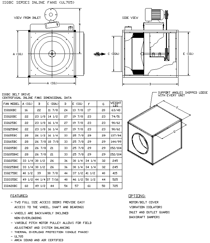 Square Inline Belt Drive Fan Drawing