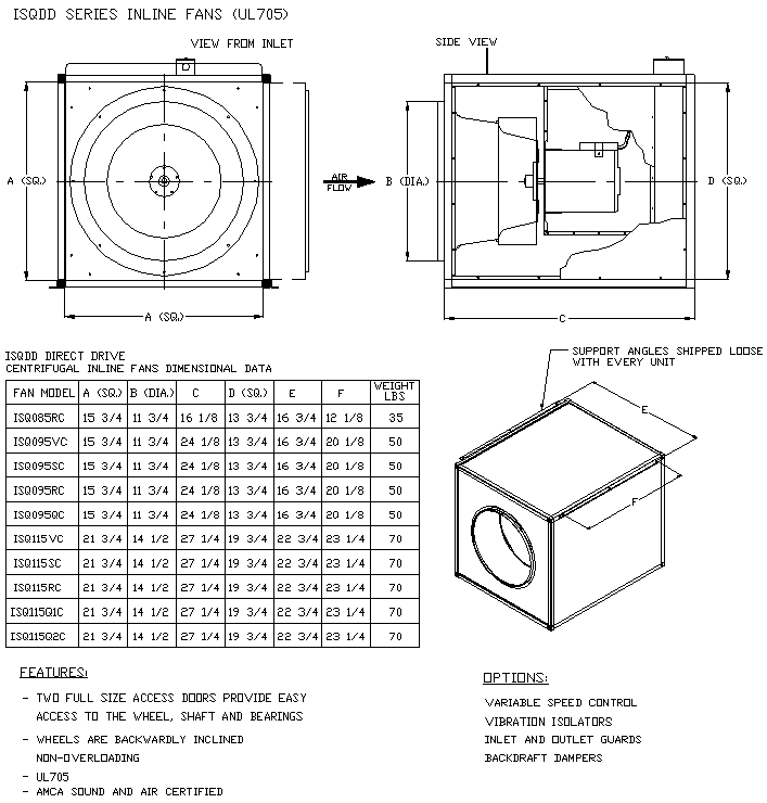 Square Inline Direct Drive Fan Drawing