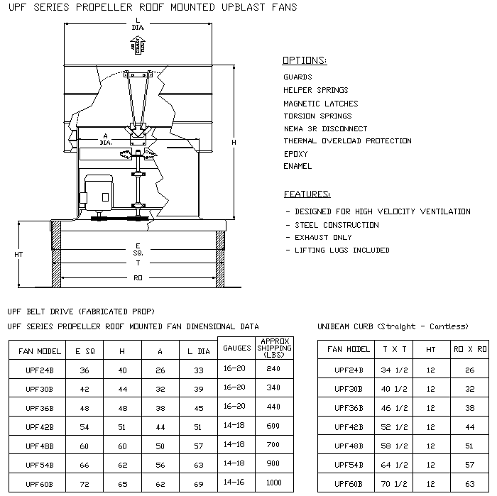 Propeller Roof Mounted Upblast Fan Drawing - Belt Drive