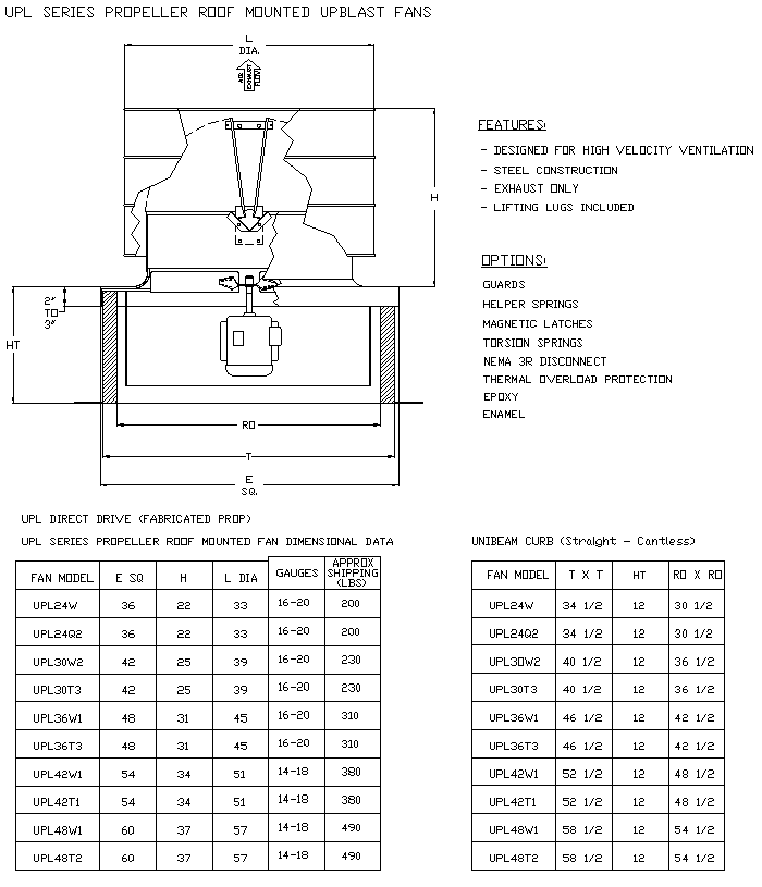 Propeller Roof Mounted Upblast Fan Drawing - Direct Drive - CaptiveAire