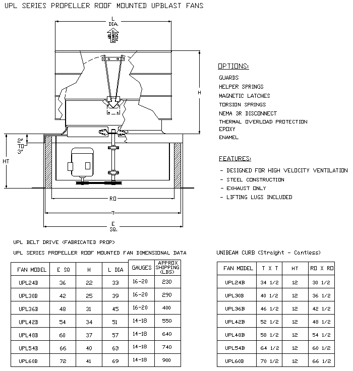Propeller Roof Mounted Upblast Fan Drawing - Belt Drive