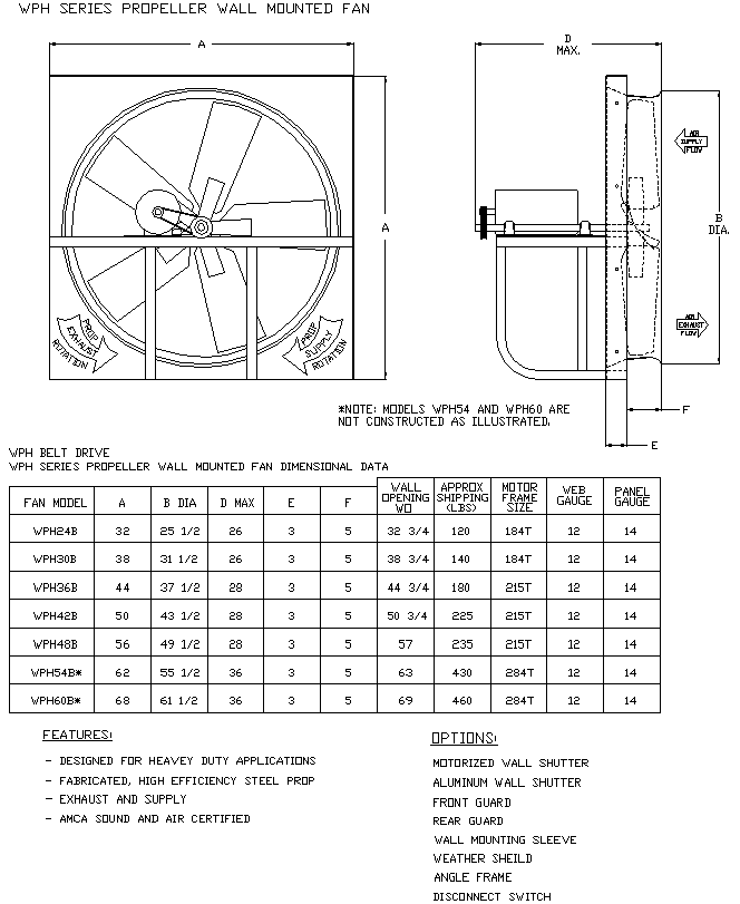 Propeller Wall Mounted Fan Drawing - Heavy Duty Belt Drive