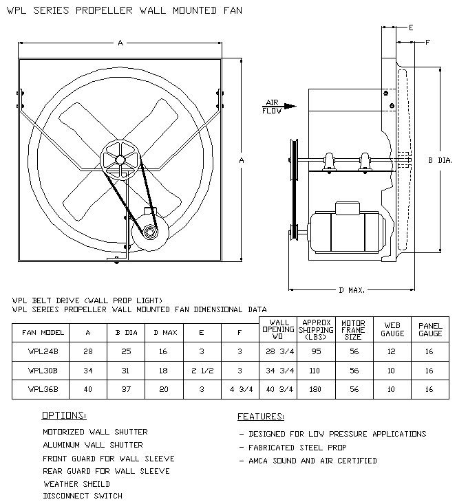 Propeller Wall Mounted Fan Drawing - Light Duty Belt Drive
